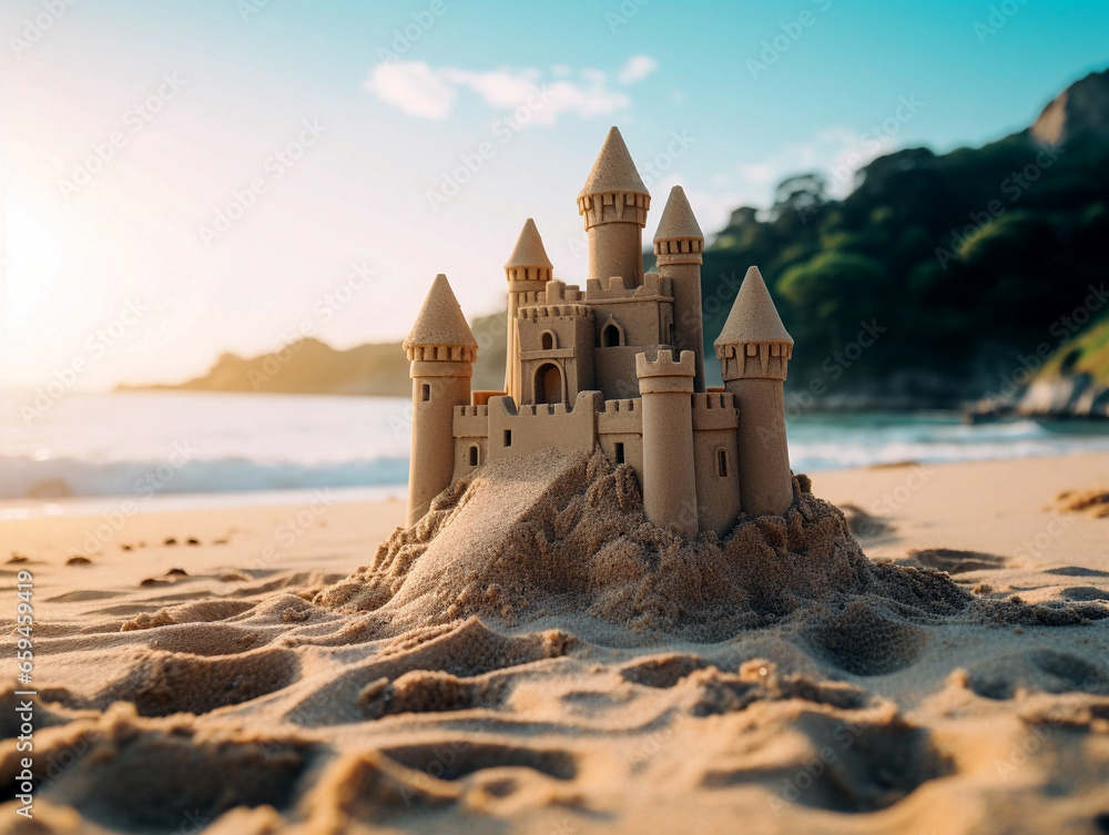 Sand castle sculpture on the beach sand beach art on the ocean shore ...