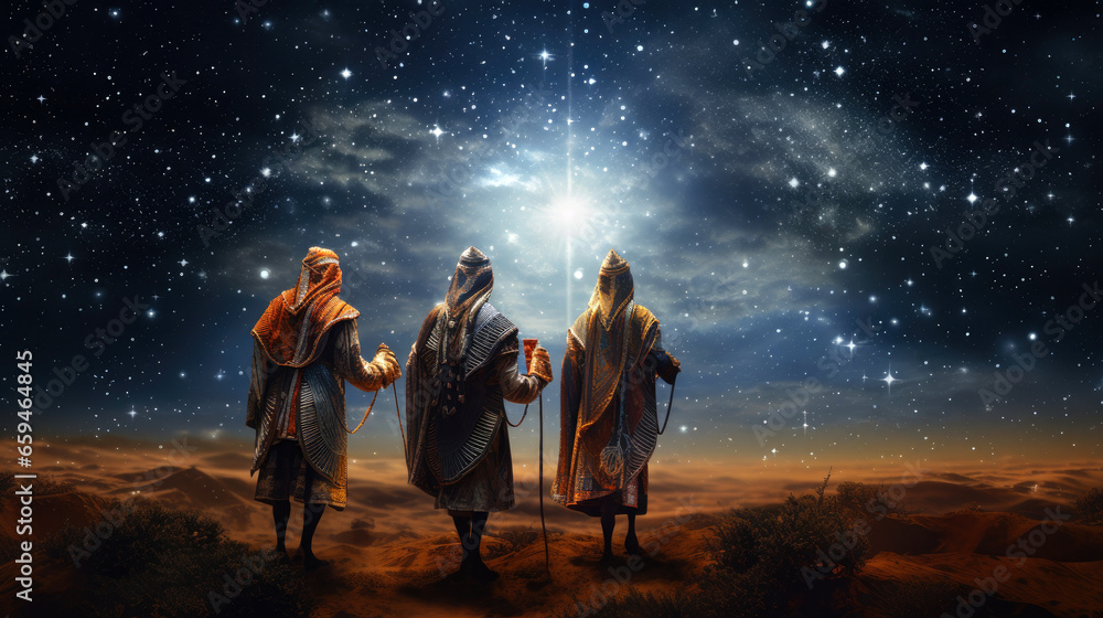The Three Wise Men carry gifts through the desert guided by the stars ...