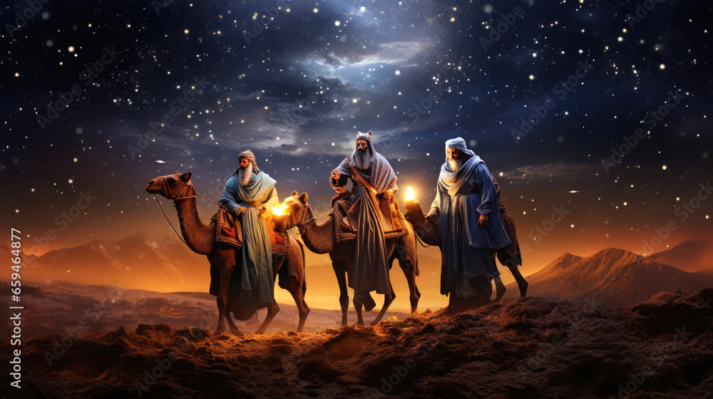 The Three Wise Men carry gifts through the desert guided by the stars ...