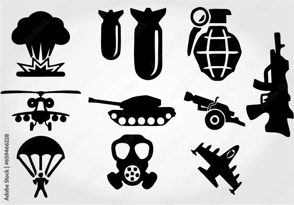 Military and war icons like handgun, bomb, bullet, gas mask, sword ...