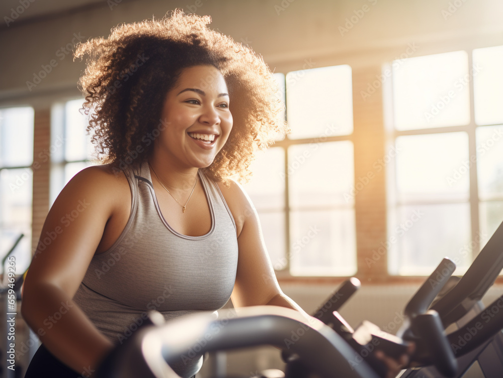 Smiling plus size young black woman working out in gym Stock ...