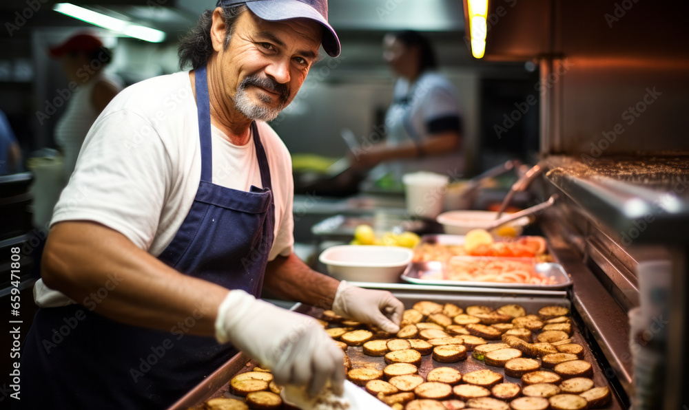 portrait of Fast Food Cook, who Prepare and cook food in a fast food ...