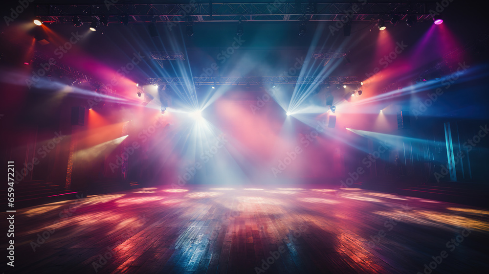 Empty night club stage illuminated with red and blue spotlights. Retro ...