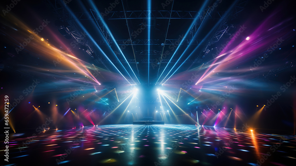 Empty night club stage illuminated with red and blue spotlights. Retro ...