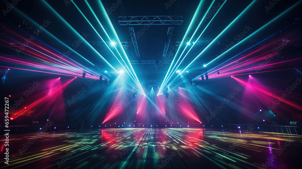 Empty night club stage illuminated with red and blue spotlights. Retro ...