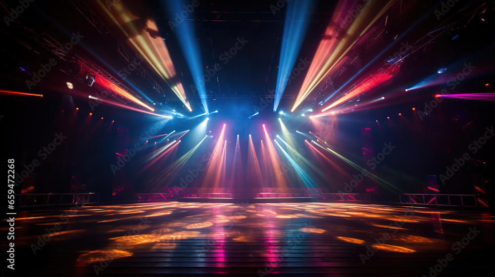 Empty night club stage illuminated with red and blue spotlights. Retro ...