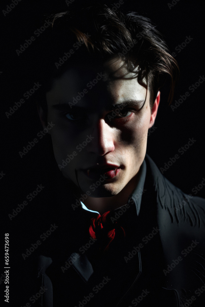 handsome mysterious vampire with sharp bloody fangs, teeth, canines ...