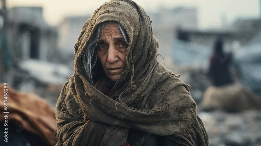 Portrait of an old Islamic woman standing and hugging a worn blanket ...
