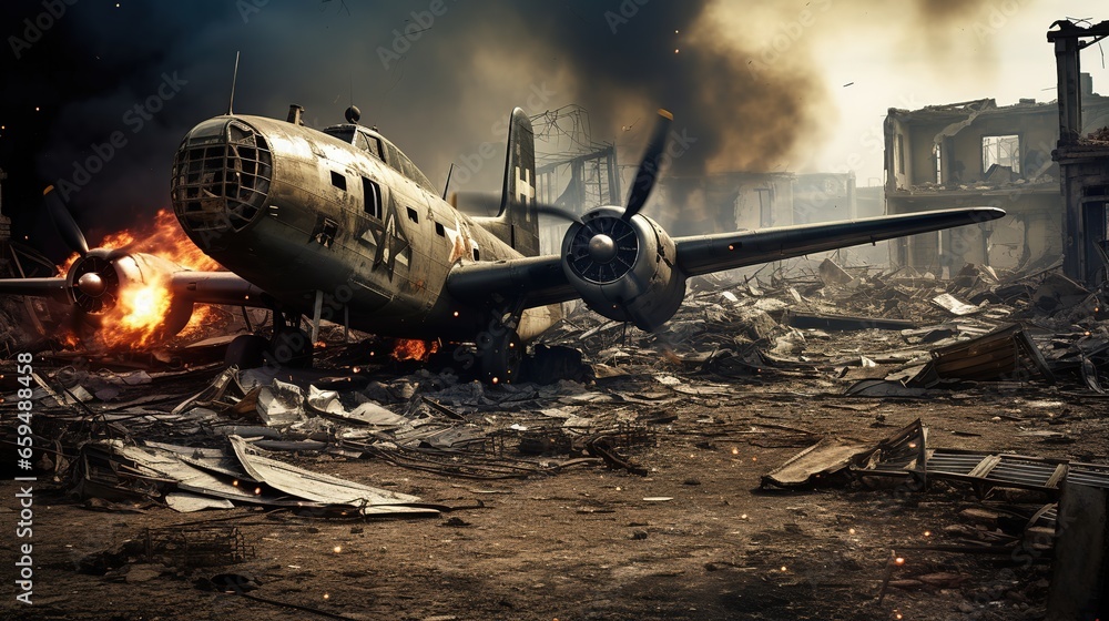 Battle: Battle damaged planes, explosions, fires, deserted city ...