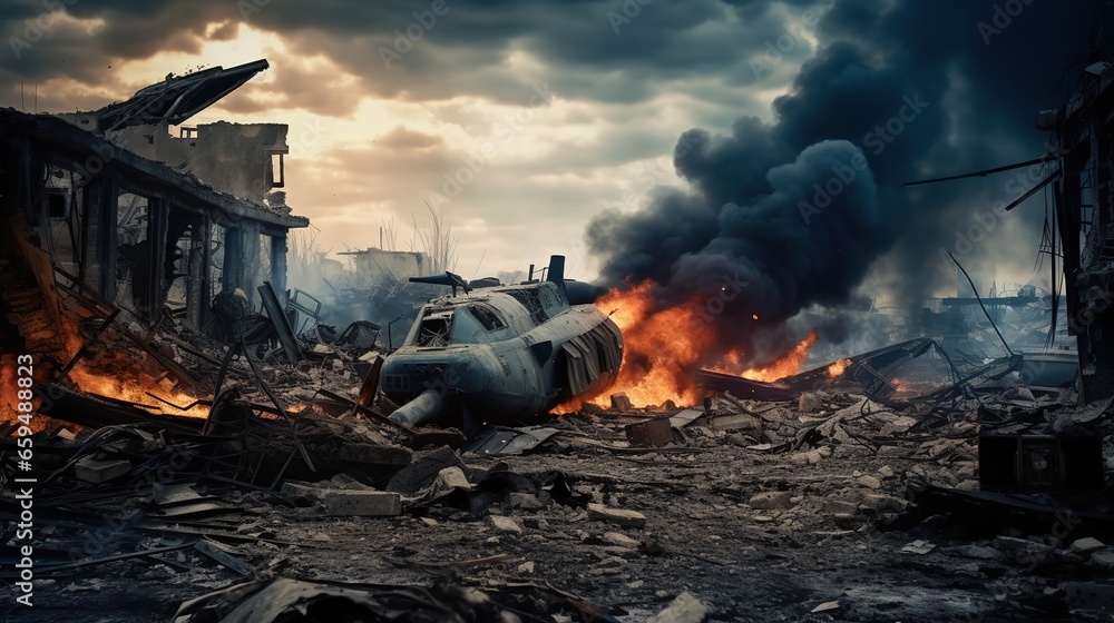 Battle: Battle damaged planes, explosions, fires, deserted city ...