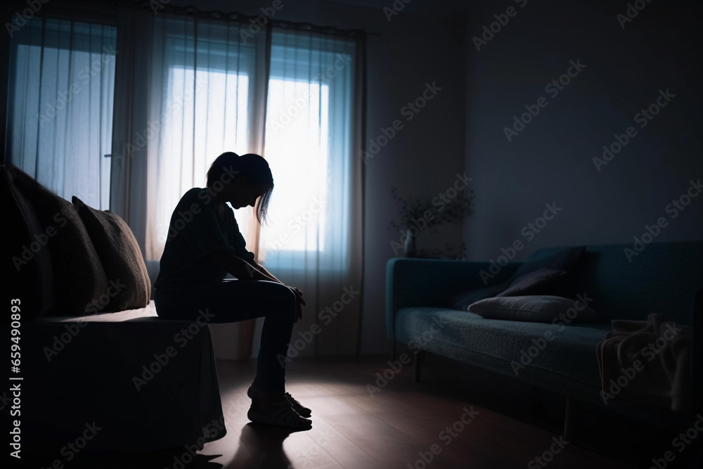 Young woman feeling sadness and solitude. Generative Ai. Stock Photo ...