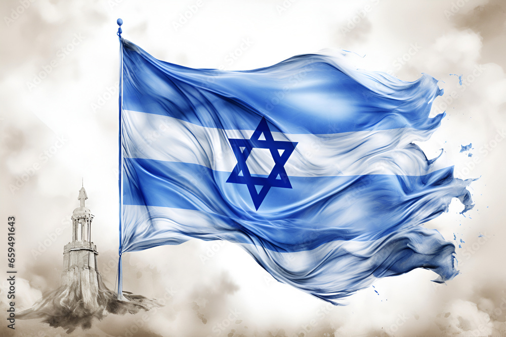 ภาพประกอบสต็อก Israeli flag with a star of David waving over white ...