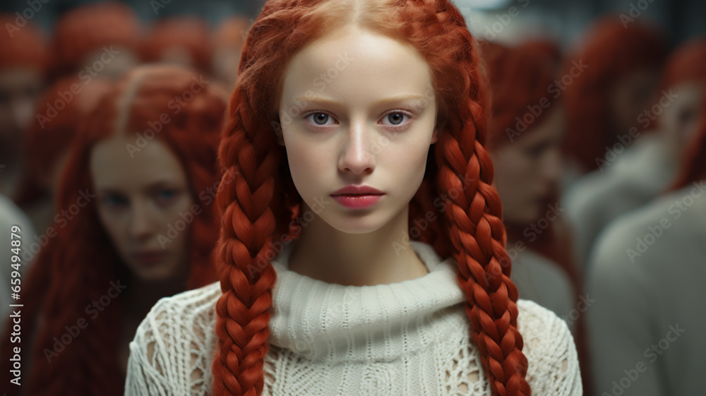 Portrait of a super model with red hair and braids flanked by other ...