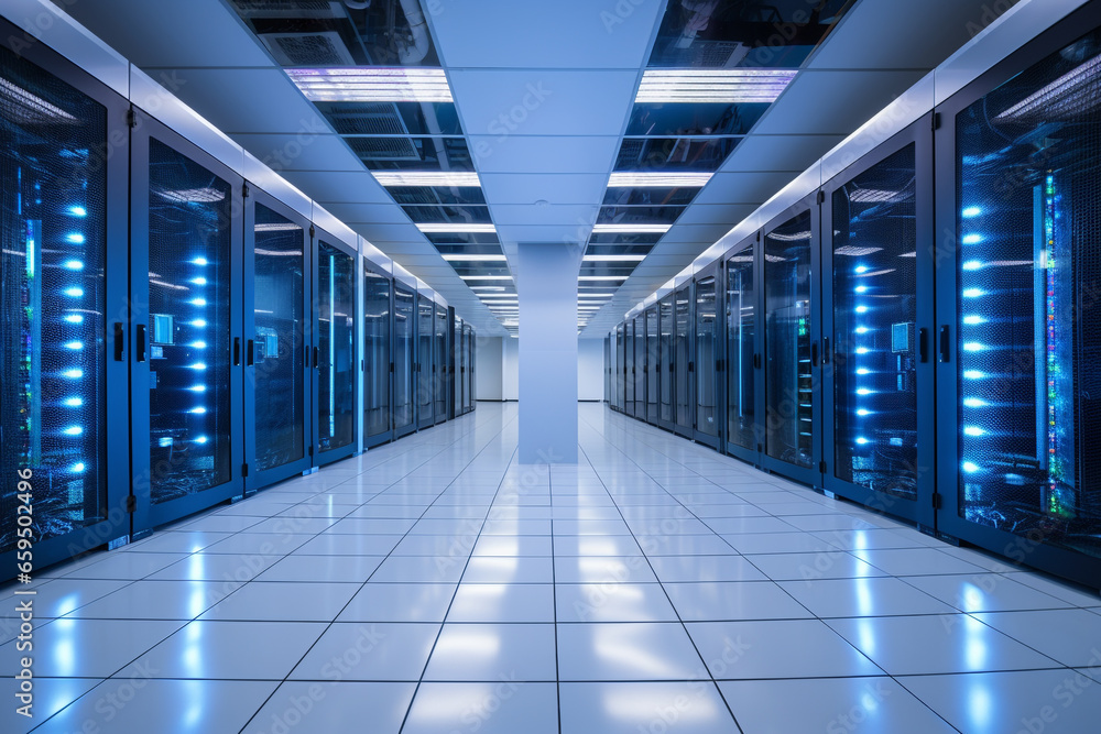 data center displaying several rows of active server racks ...