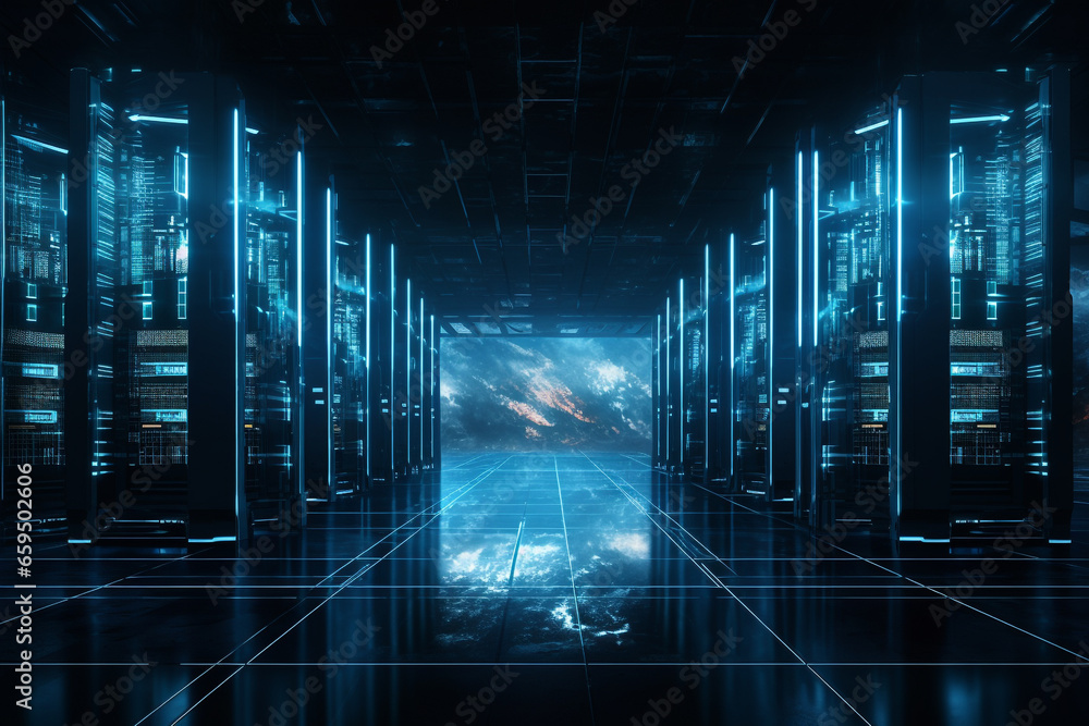 data center displaying several rows of active server racks ...