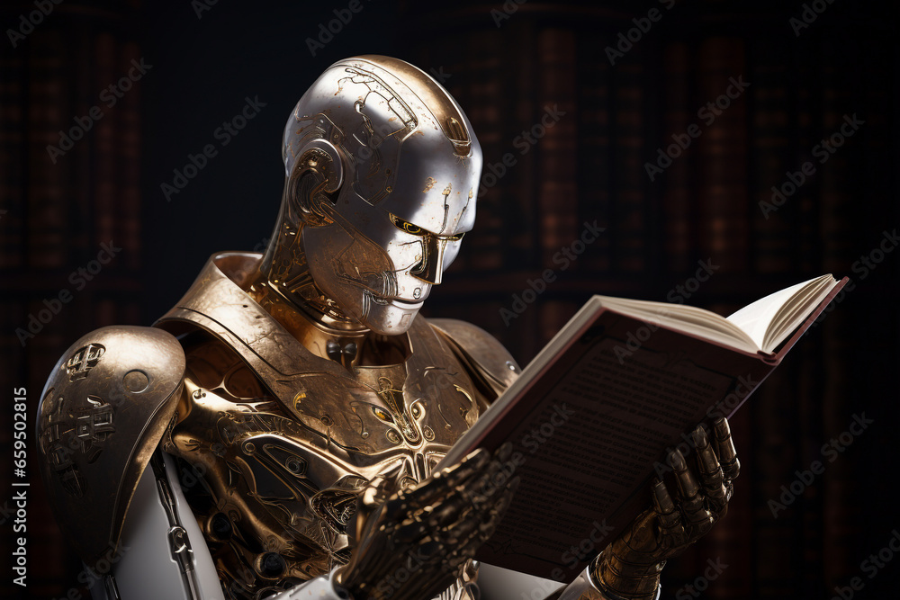 android / humanoid robot seated in a library reading a book. Themes of ...