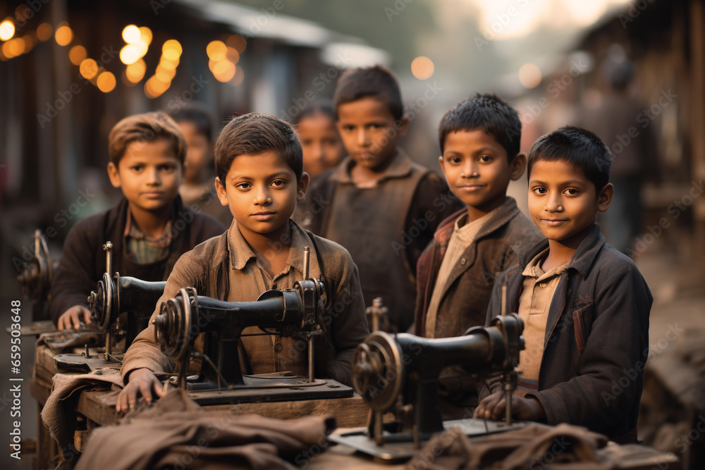 Child labour, children sewing clothes for textile and fashion industry ...