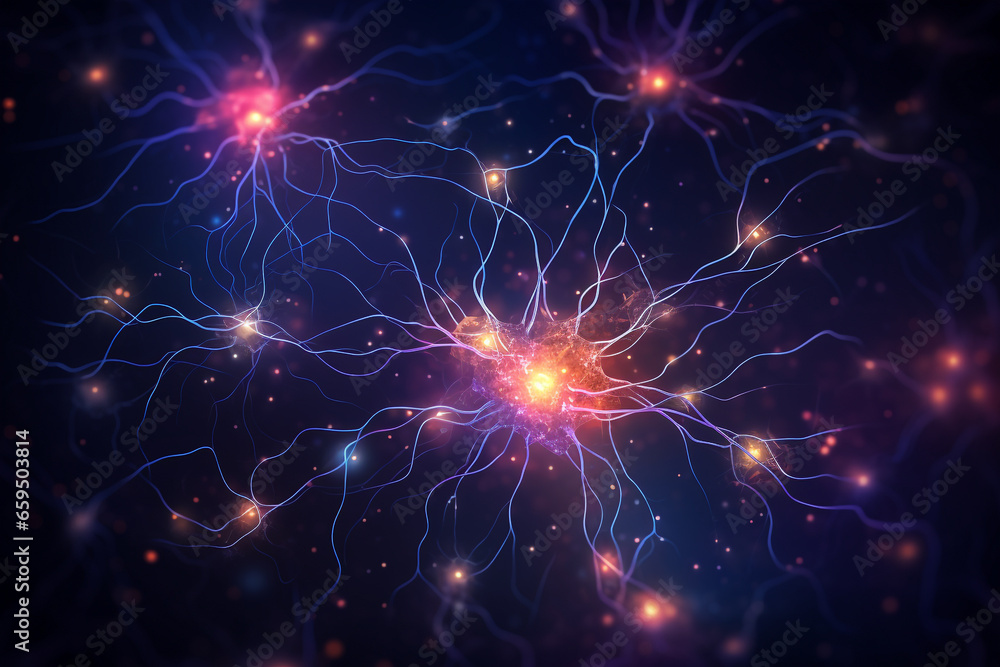 Neuronal cells forming a neural network. cells which communicate with ...