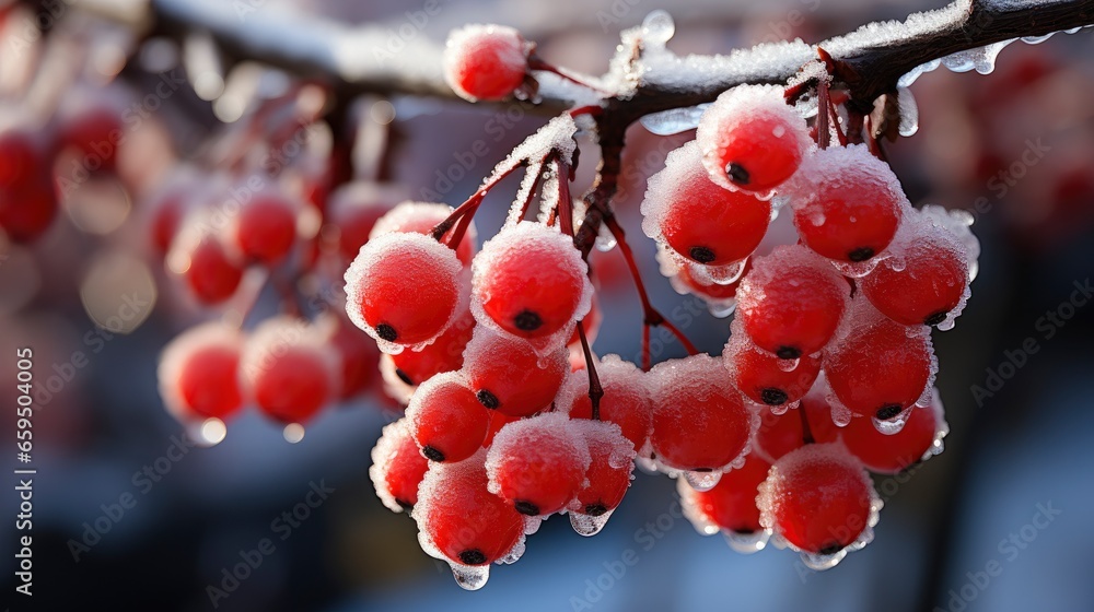 Snow-covered red berries Winter berry close-up Macro , Background Image ...