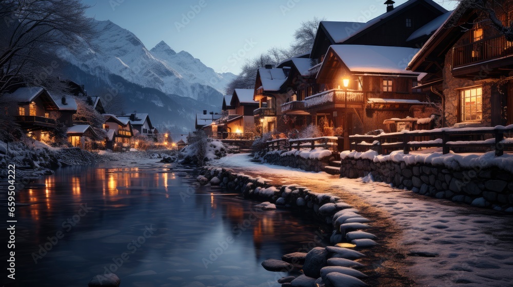 Snowy mountain village with Christmas lights, Background Image,Desktop ...