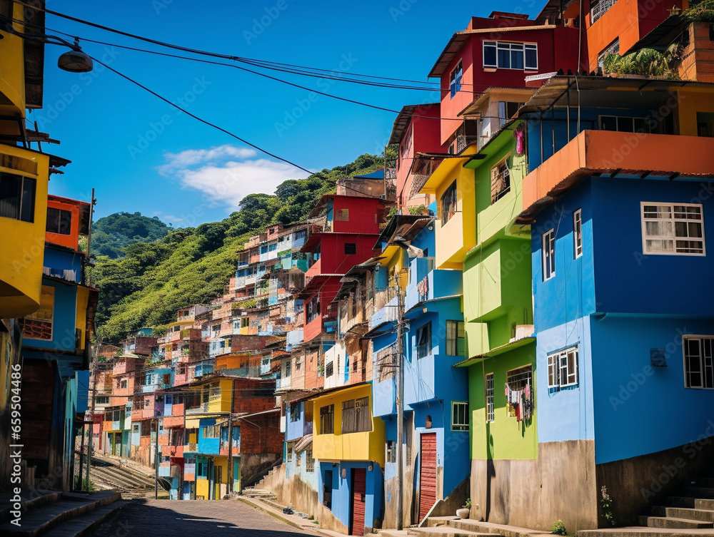 Vibrantly painted houses line the streets of a colorful favela ...