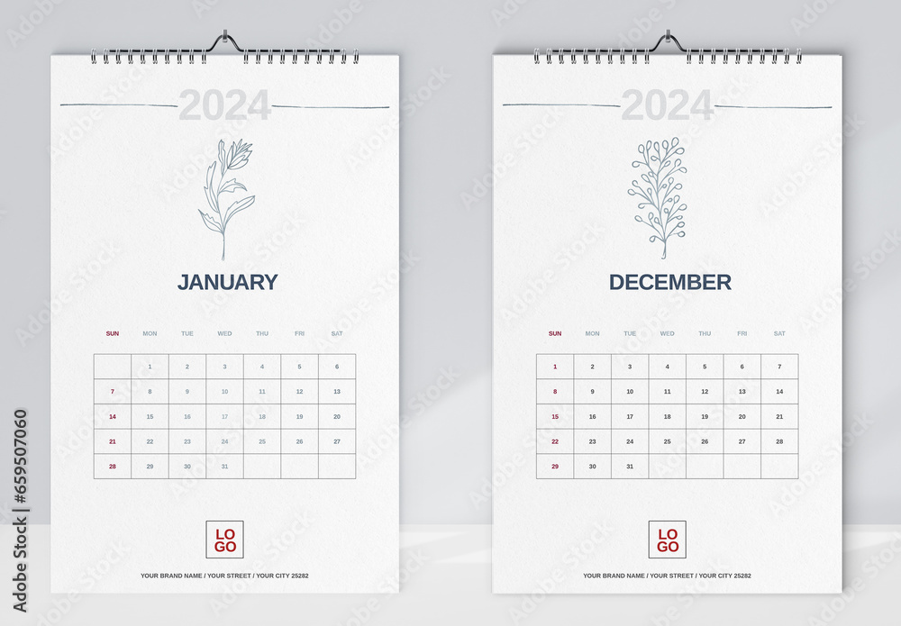 Botanical Plants Wall Calendar 2024 Stock Template | Adobe Stock