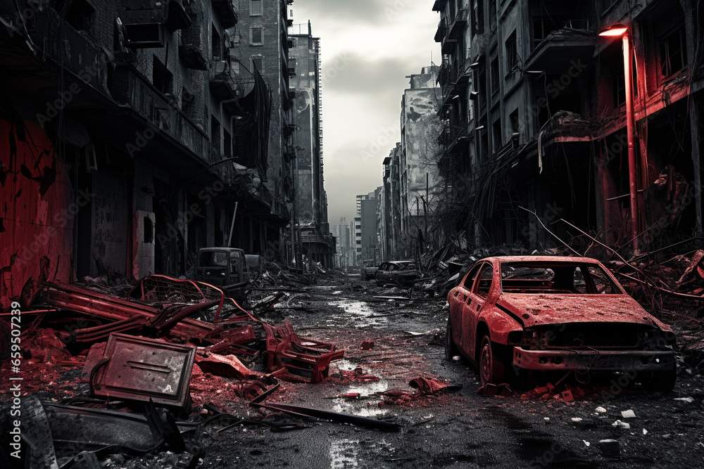 Broad view of a devastated city post-war. Stark depiction of a city in ...