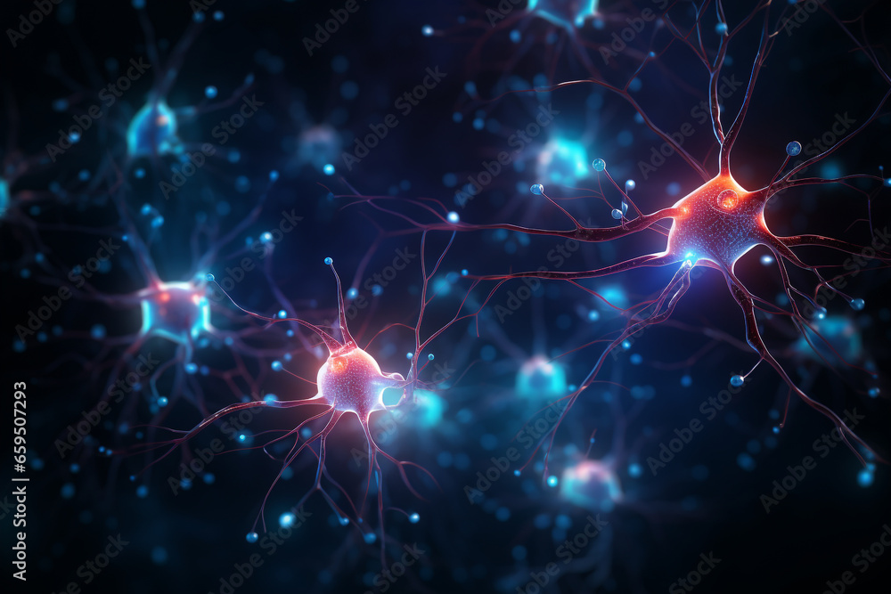 Neuronal cells forming a neural network. cells which communicate with ...