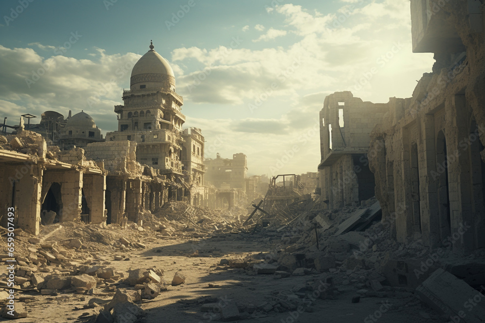 Broad view of a devastated city in the near east post-war. Stark ...