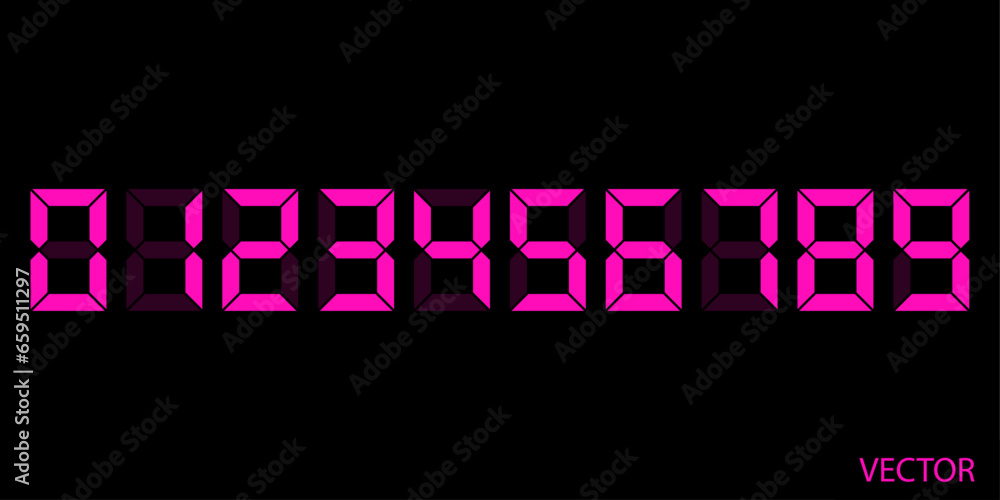 Zero to Nine Pink digital electronic clock numbers set. LCD LED digit ...