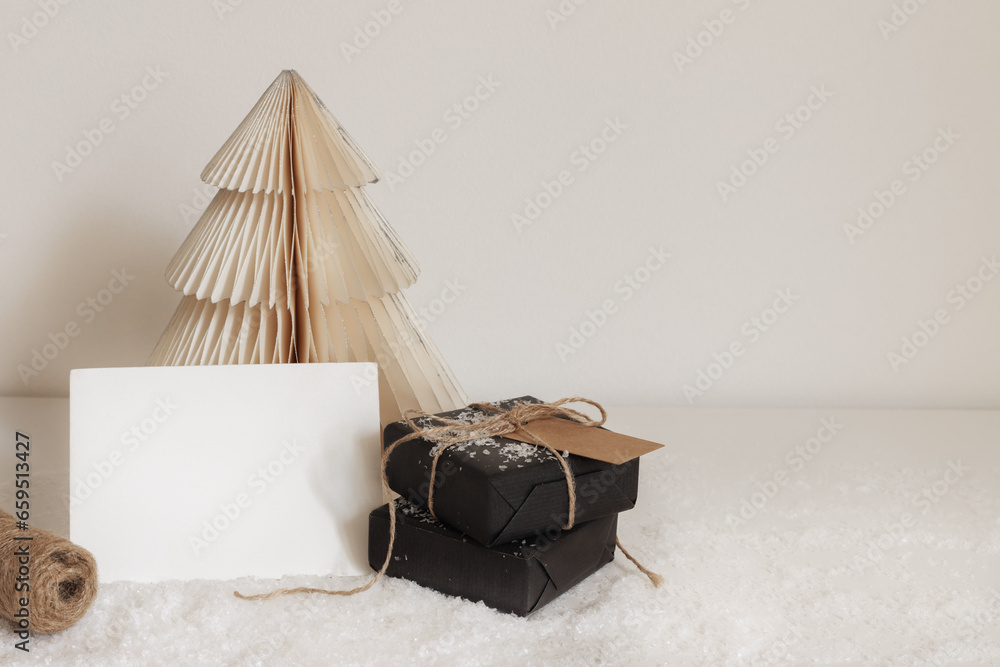 Blank paper card with a modern craft Christmas tree, gift boxes, paper ...