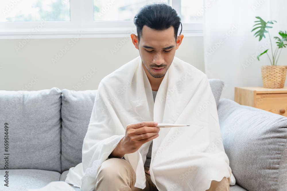 Seasonal cold sickness in people concept, Sick asian man looking at ...