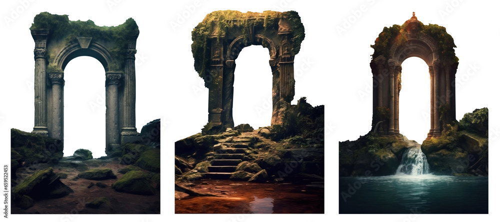 Ancient green, roman, elf archway portal with tall arched columns in a ...