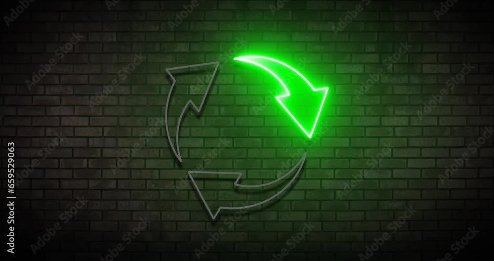 Animated bright green neon recycle logo on a brick wall. Nature ...