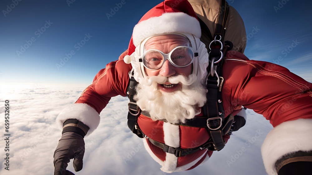 Closeup image of Santa Claus skydiver. Falling from sky in a free fall ...