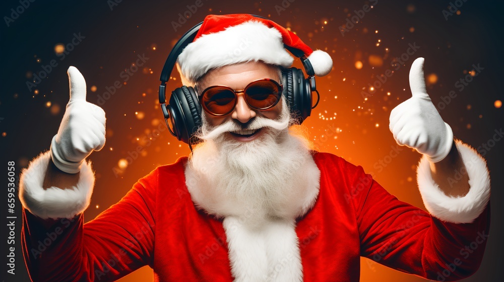 Festive Santa Claus with DJ headphones, inviting to nightclub Christmas ...