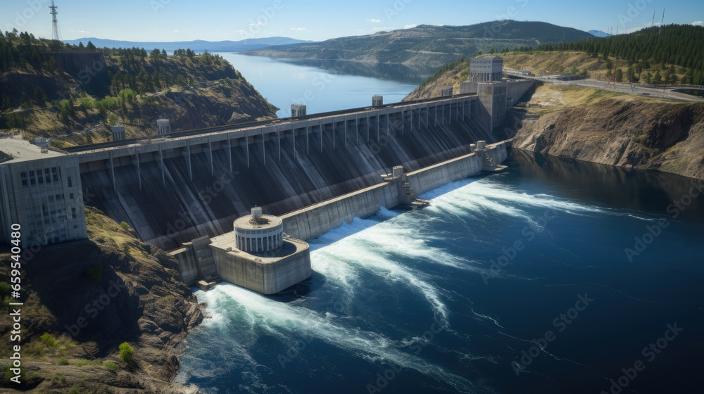 modern large hydroelectric power station on the river, bird's eye view ...
