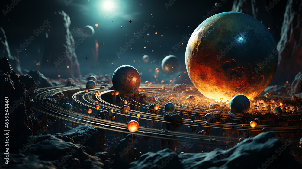 Solar system planets depicted in a psychedelic cyberpunk galaxy, the ...