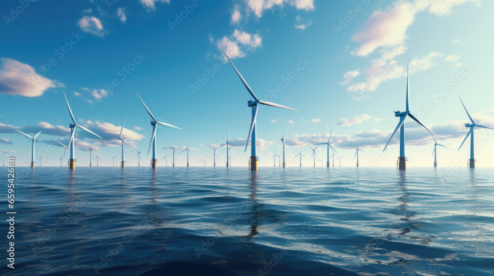 Ocean Wind Farm. Windmill farm in the ocean. Offshore wind turbines in ...
