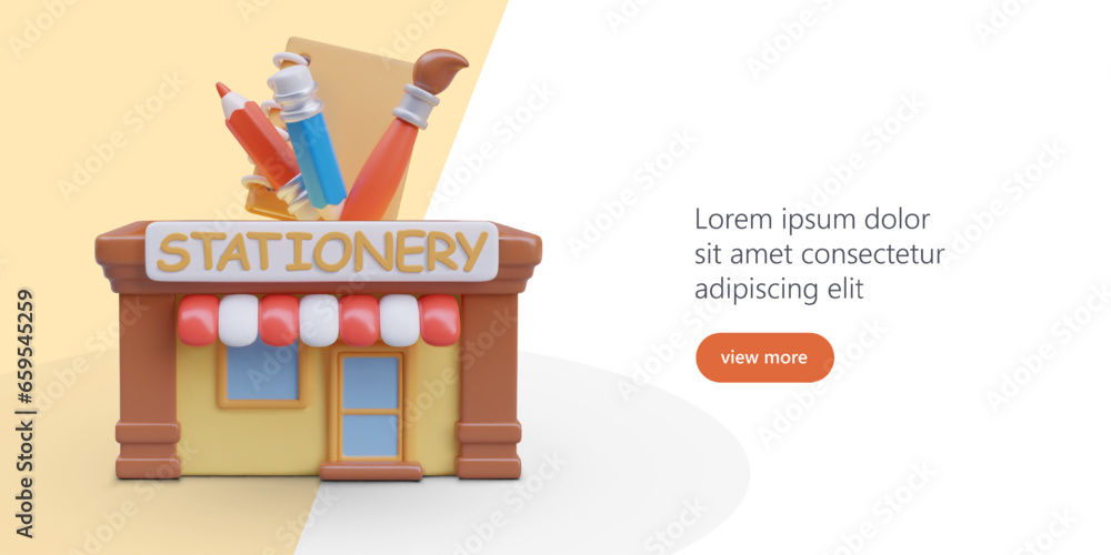3d model of stationery store in cartoon style. Web poster, advertising ...