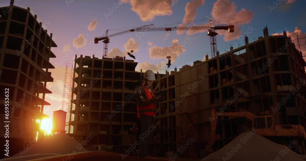 Full Body Side View Of Asian Male Engineer With Safety Helmet Crossing ...