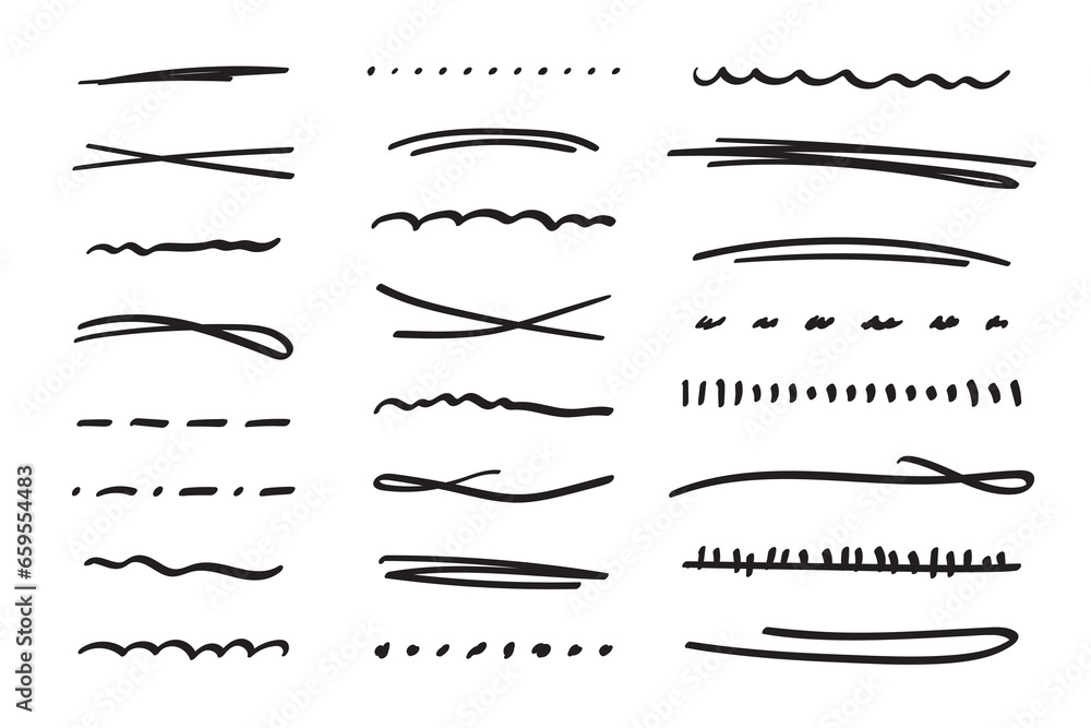 Vetor de Underlines hand-drawn set. Hand-drawn dividers, separators ...