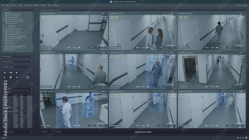 Playback CCTV cameras in hospital hallway on computer screen ...