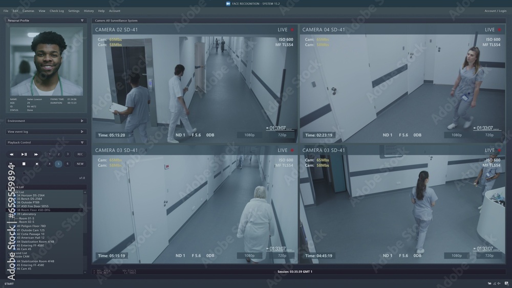 Playback CCTV cameras in modern hospital on computer screen. User ...
