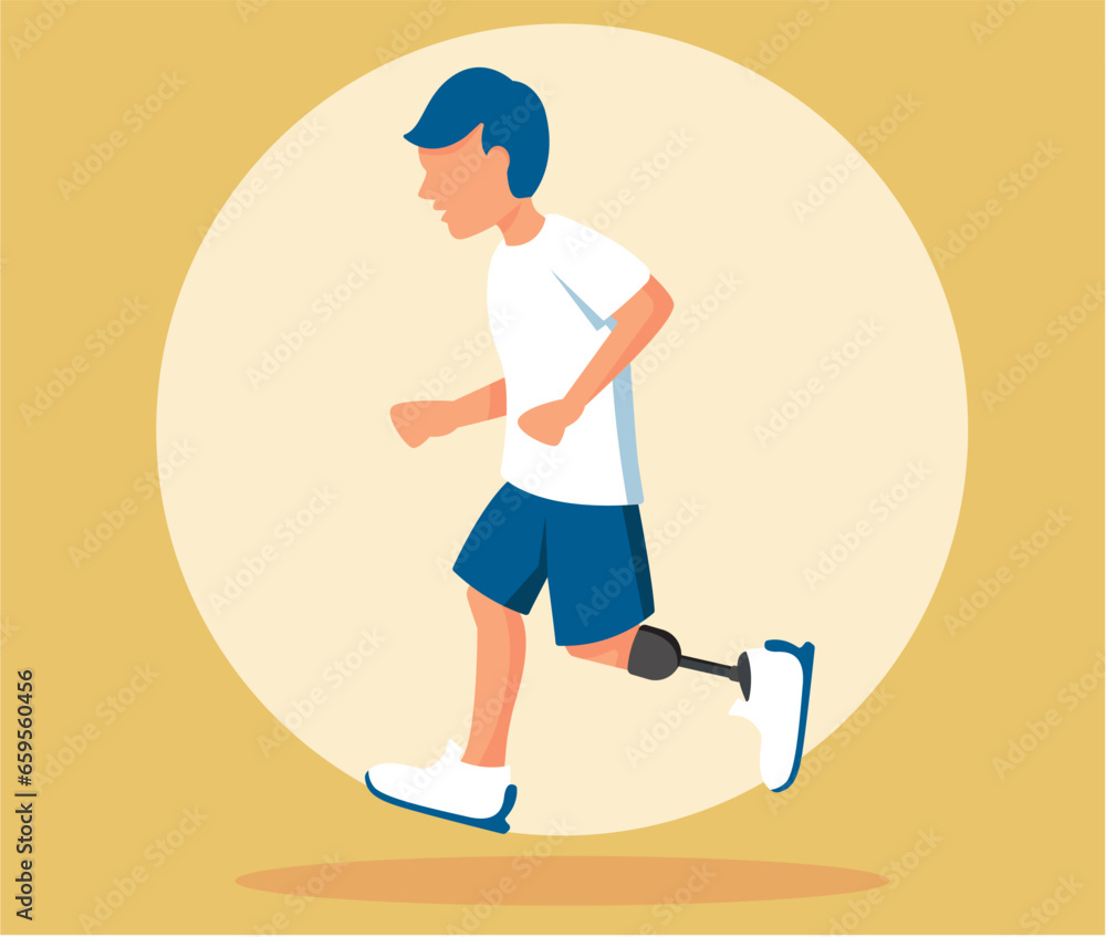 Disabled child with prosthetic leg running outdoors. Technology and ...