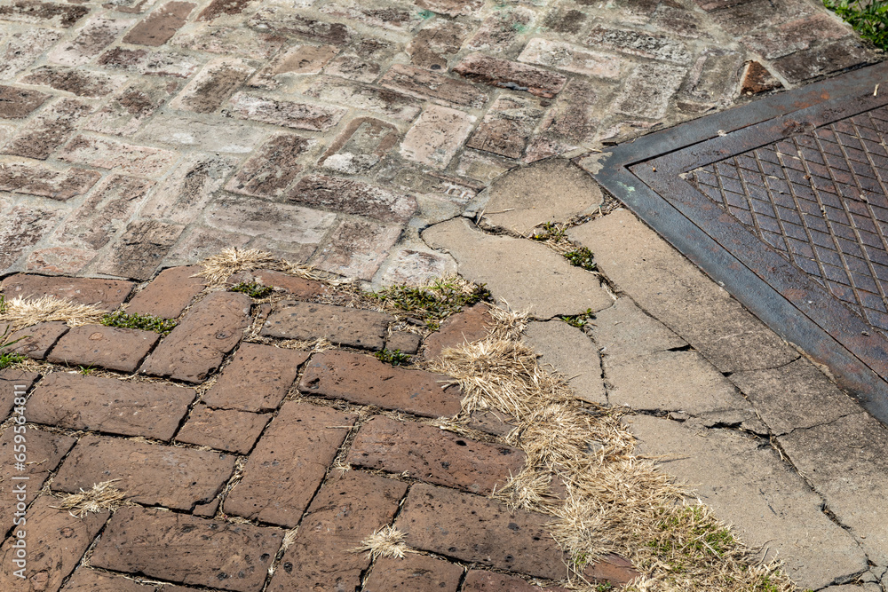 Metal utility cover and multiple brick herringbone patterns with ...