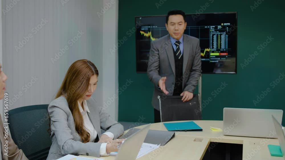 Angry boss businessman scolding employees for bad work result sitting ...