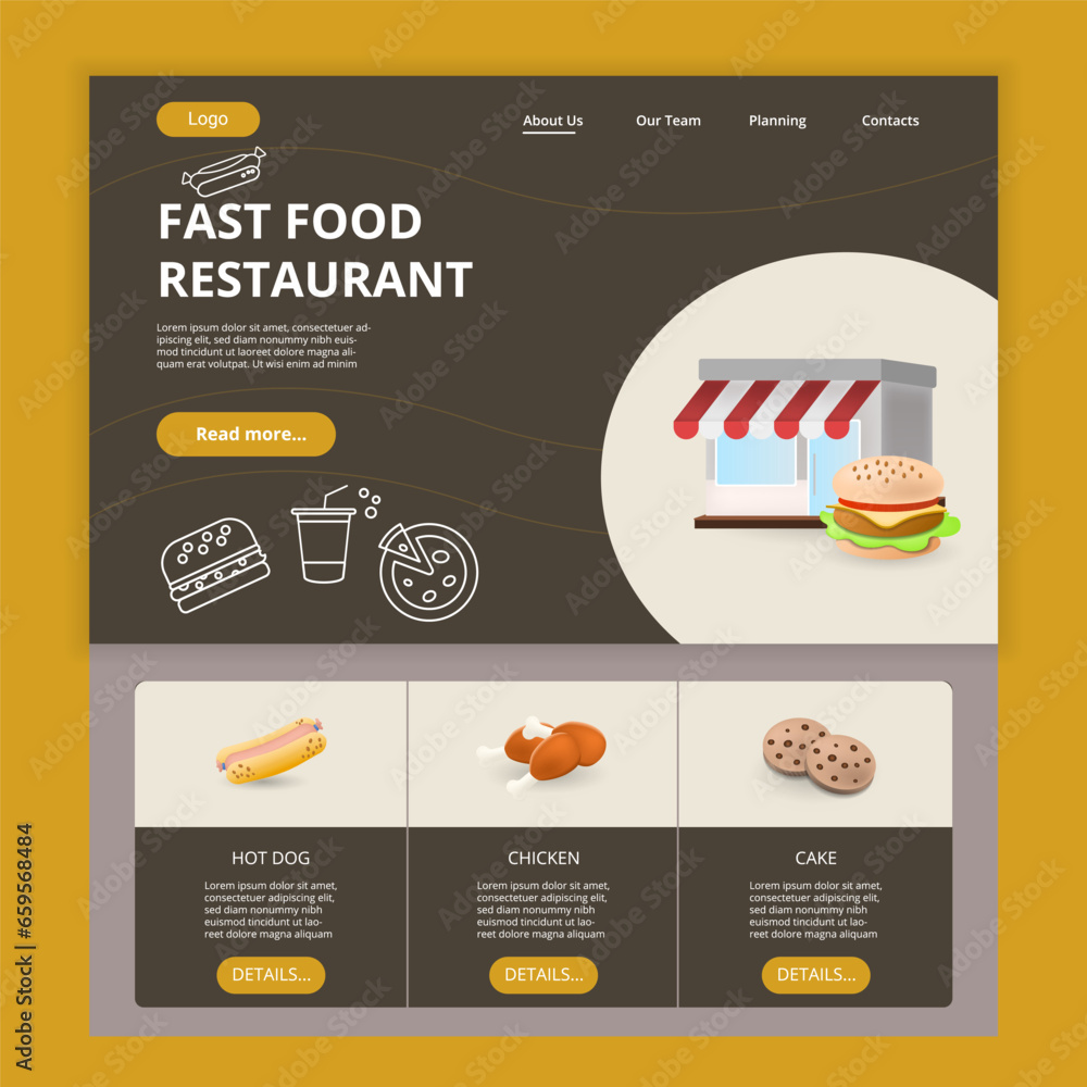 Fast food restaurant flat landing page website template. Hot dog ...