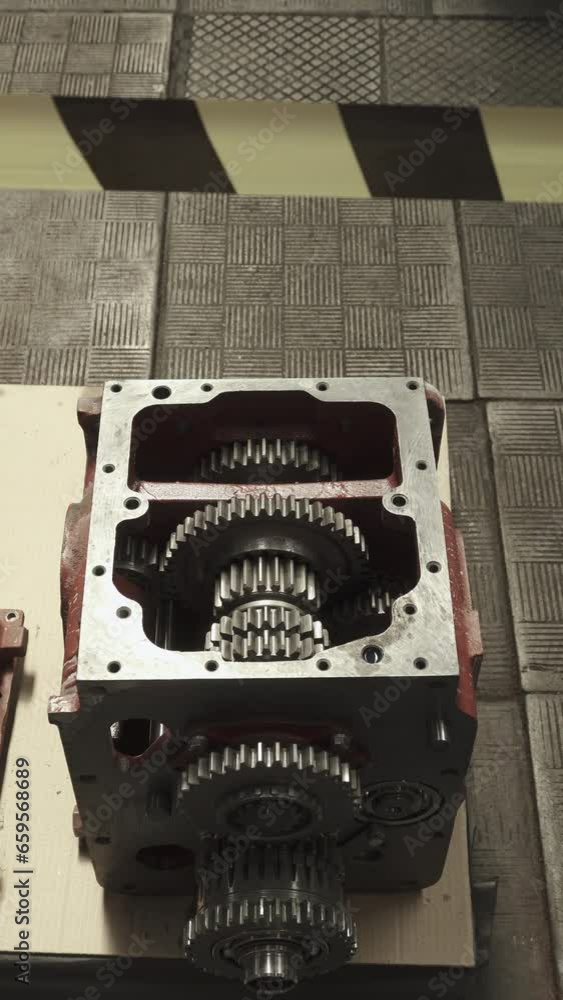 Open gearbox housing with gears inside during inspection of breakdown ...