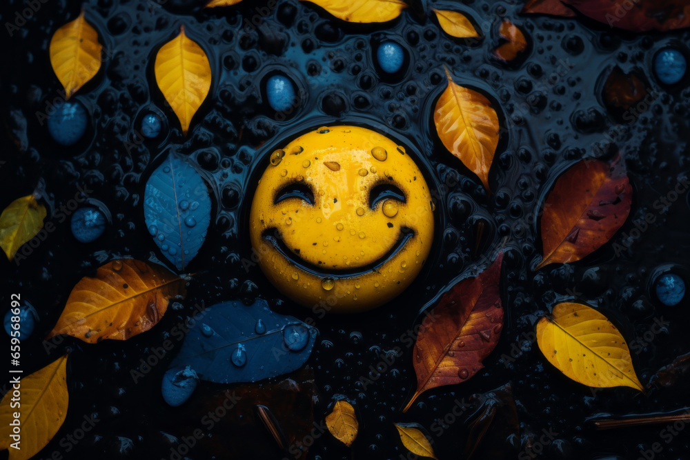 Colorful composition of smiley emoticon with fresh leaves and flowers ...